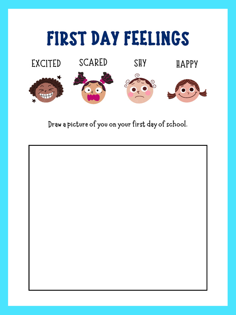 Blue White First Day Feelings Worksheet | PDF