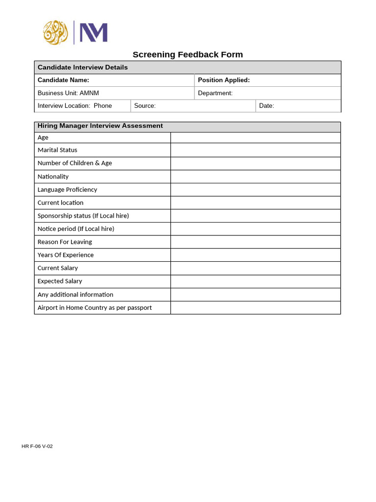 Screening Feedback Form - Non Medical | PDF