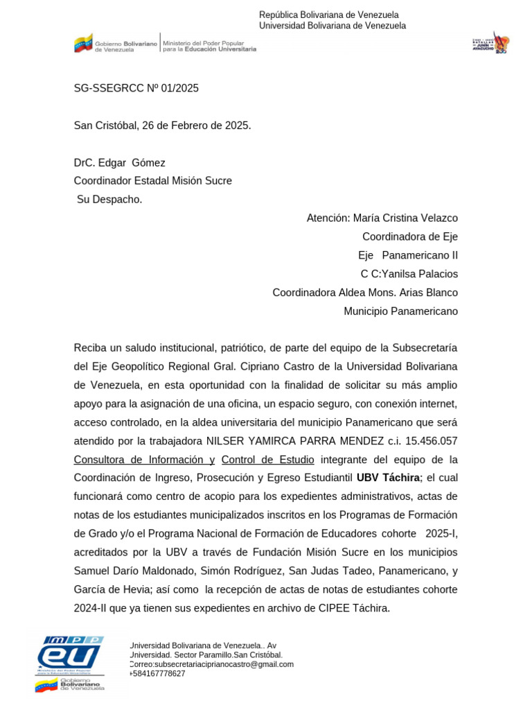 Oficio Msucre Solicitud Espacio | PDF | Venezuela