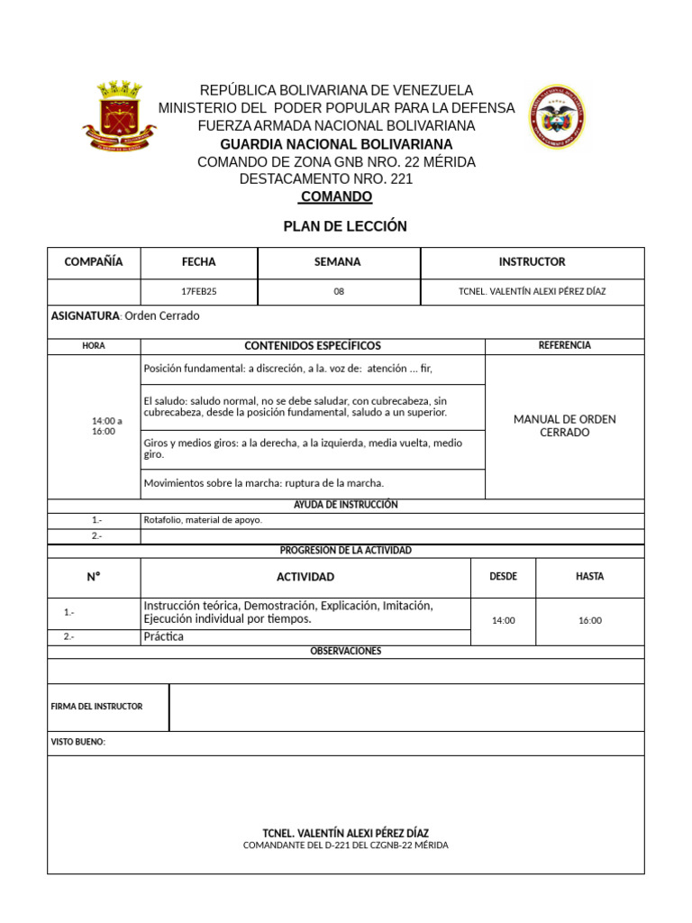 PLAN DE LECCION ORDEN CERRADO CAP. ORDOÑEZ | PDF | Militar