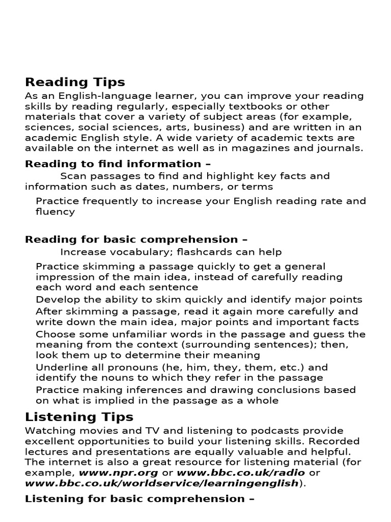 Essential Reading and Listening Tips | PDF | Reading Comprehension ...