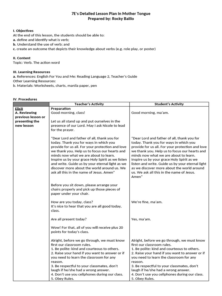 7E S Detailed Lesson Plan | PDF | Lesson Plan | Sentence (Linguistics)