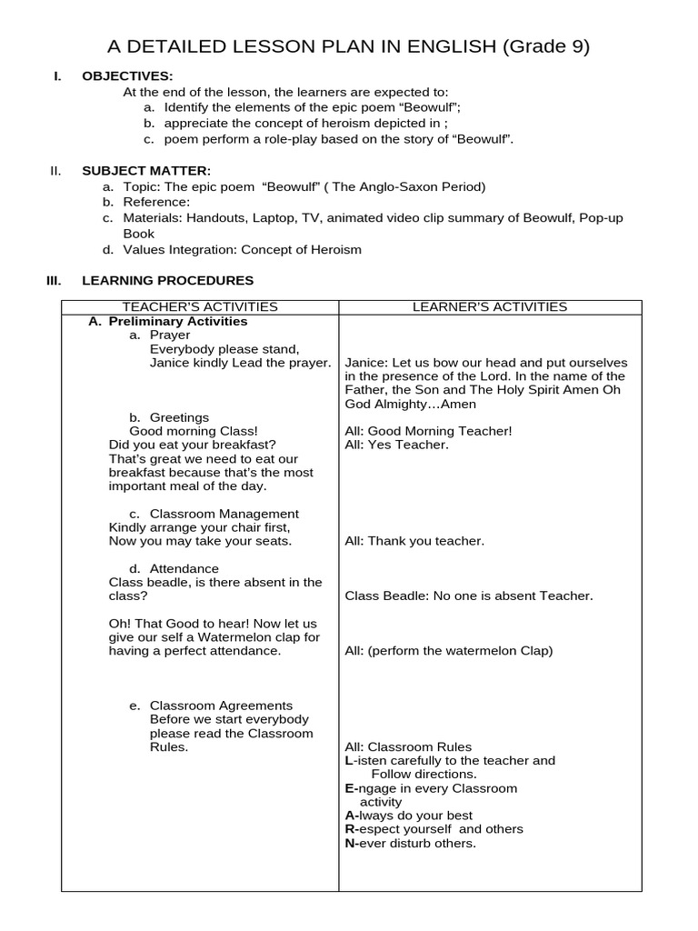 Grade 9 Beowulf Lesson Plan | PDF | Hero | Beowulf
