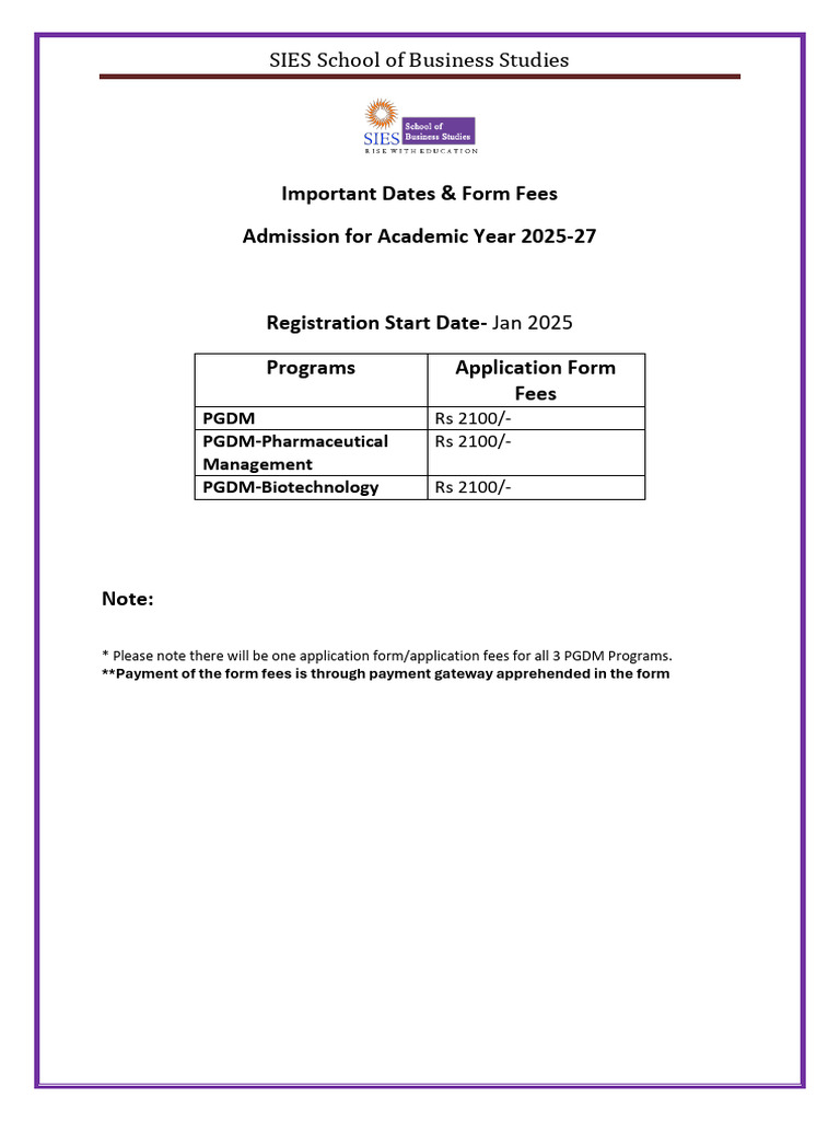 SIES Business Studies Admission Fees 2025-27 | PDF