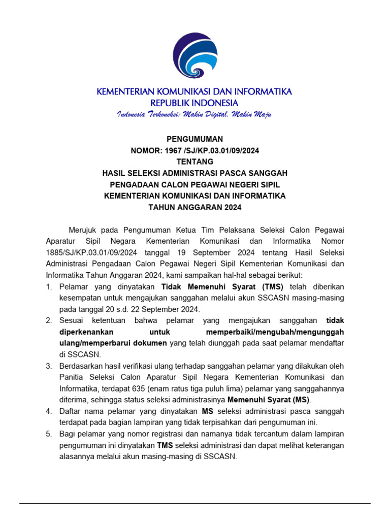 1967 - Pengumuman Hasil Seleksi Administrasi Pasca Sanggah Pengadaan CPNS Kementerian Kominfo TA ...
