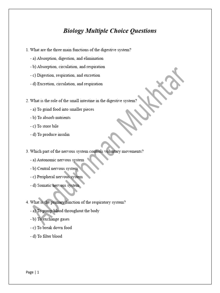 Biology Multiple Choice Questions | PDF | Human Body | Digestion