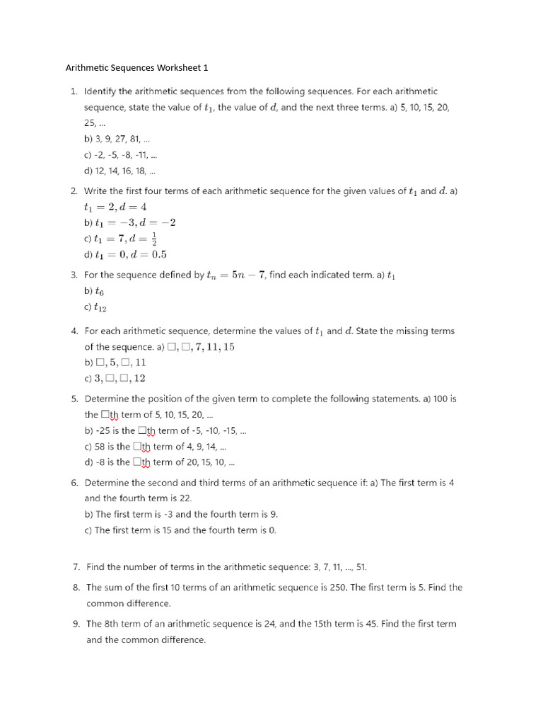 Arithmetic Sequences Worksheet 1 | PDF