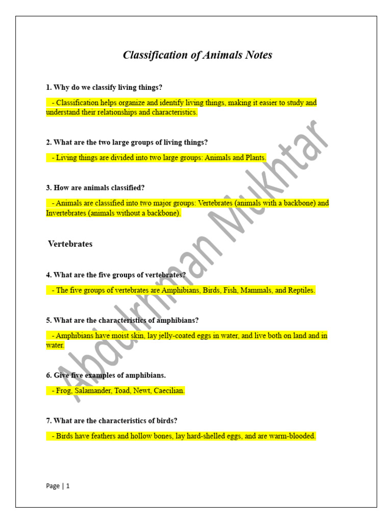 Classification of Animals Notes | PDF | Amphibian | Invertebrate