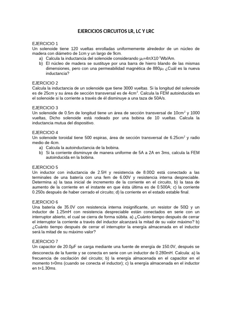 Ejercicios Inductancia Lr Lc Lrc | PDF | Inductor | Inductancia