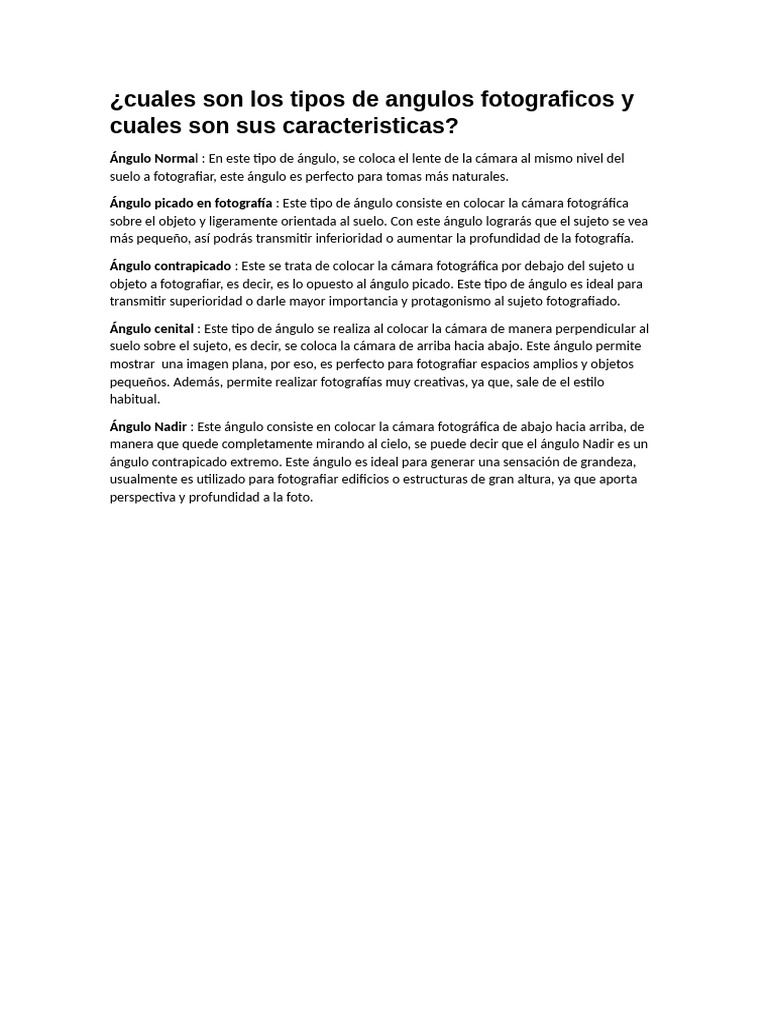 Tipos de ángulos en fotografía | PDF | Cámara | Abertura