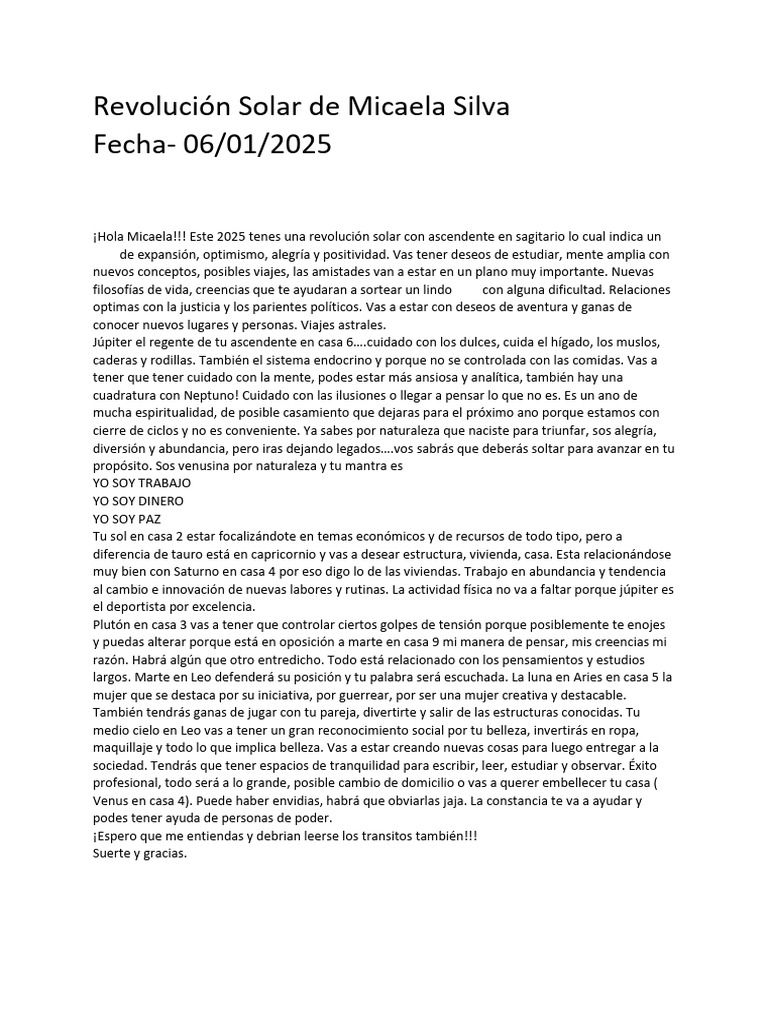 Hola Micaela. Revolucion solar | PDF | Astronomía