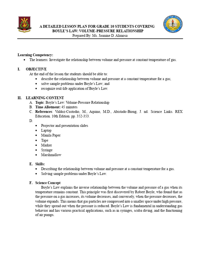 GRADE 10 DLP 2 (Boyle's Law) | PDF | Gases | Pressure