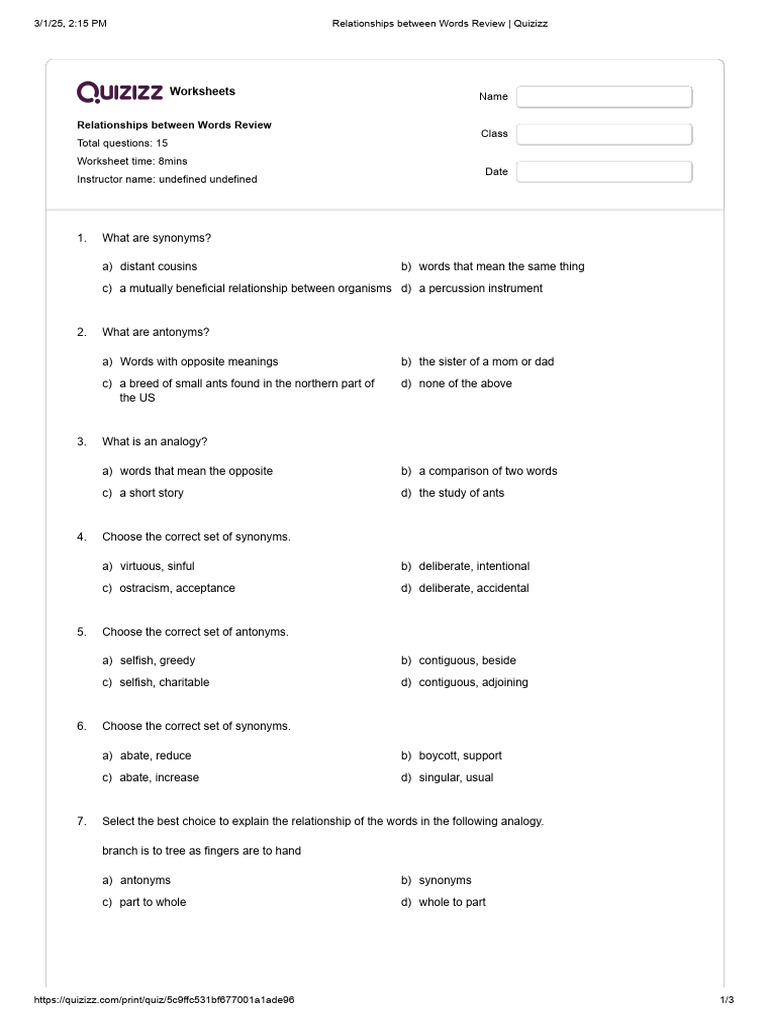 Synonyms and Antonyms Quiz Review | PDF | Linguistic Morphology | Grammar