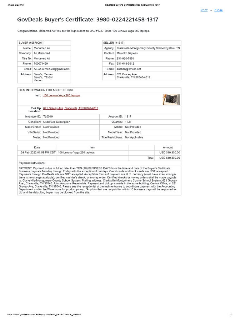 GovDeals Buyer's Certificate - 3980-0224221458-1317 | PDF | Money Order ...