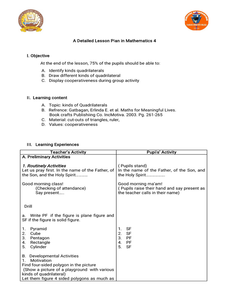 Lesson Plan: Types of Quadrilaterals | PDF | Shape | Euclidean Geometry