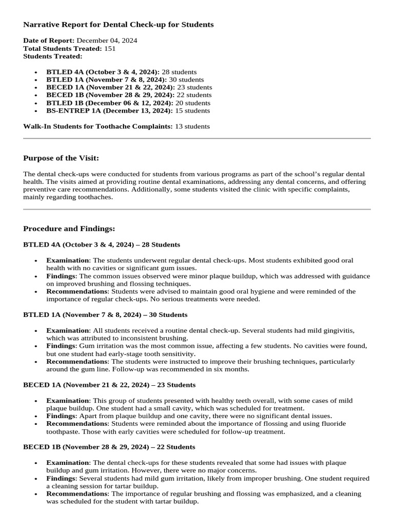 Dental Check-up Report for Students | PDF | Dentistry | Oral Hygiene