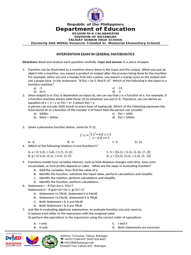 General Mathematics Intervention Exam | PDF | Subtraction | Function ...