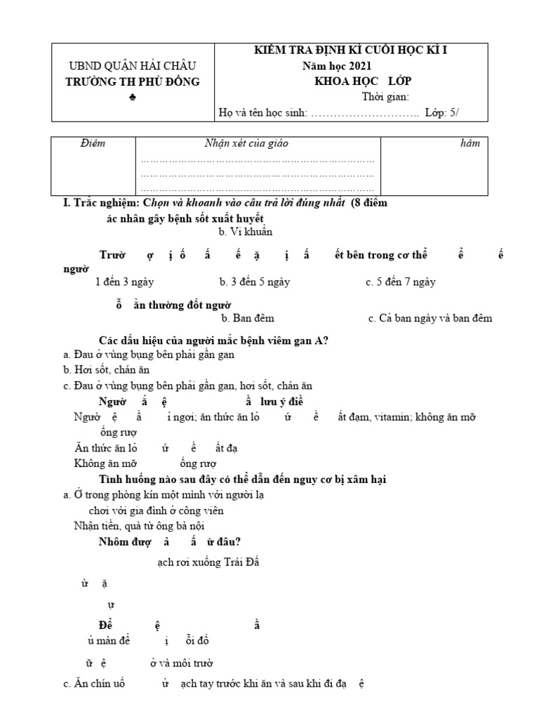 Đe Kiem Tra Hk1-Khoa Hoc 5 | PDF
