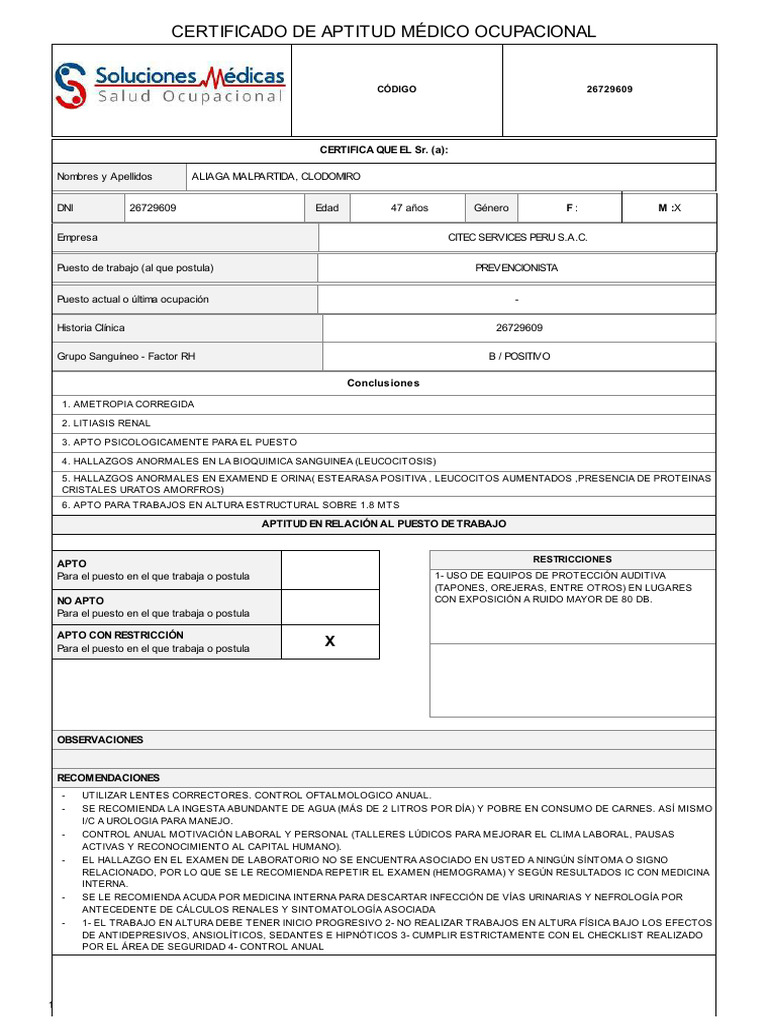 Certificado Médico Ocupacional: Clodomiro Aliaga | PDF | La columna ...