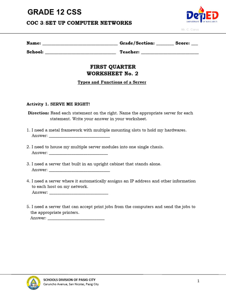 Types and Functions of Servers Worksheet | PDF | Server (Computing ...