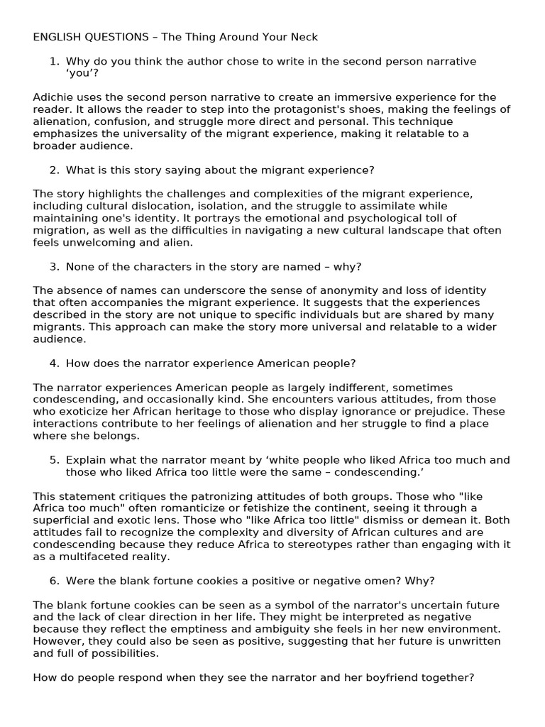 English Homework Questions - Adichie | PDF | Narration | Experience