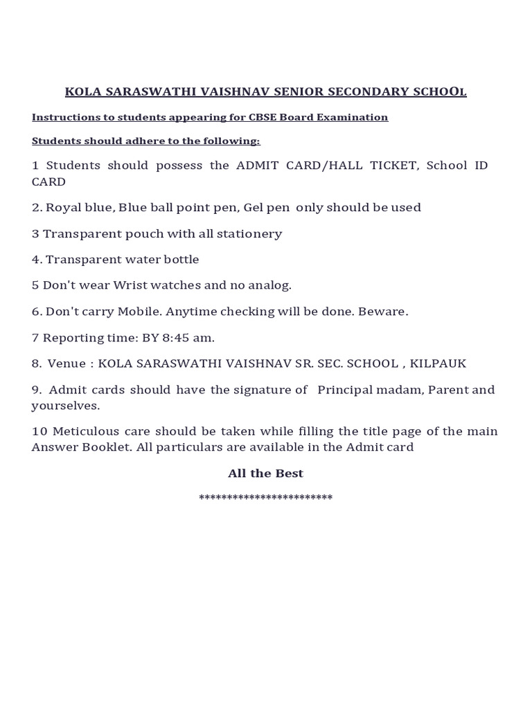 CBSE Exam Instructions for Students | PDF