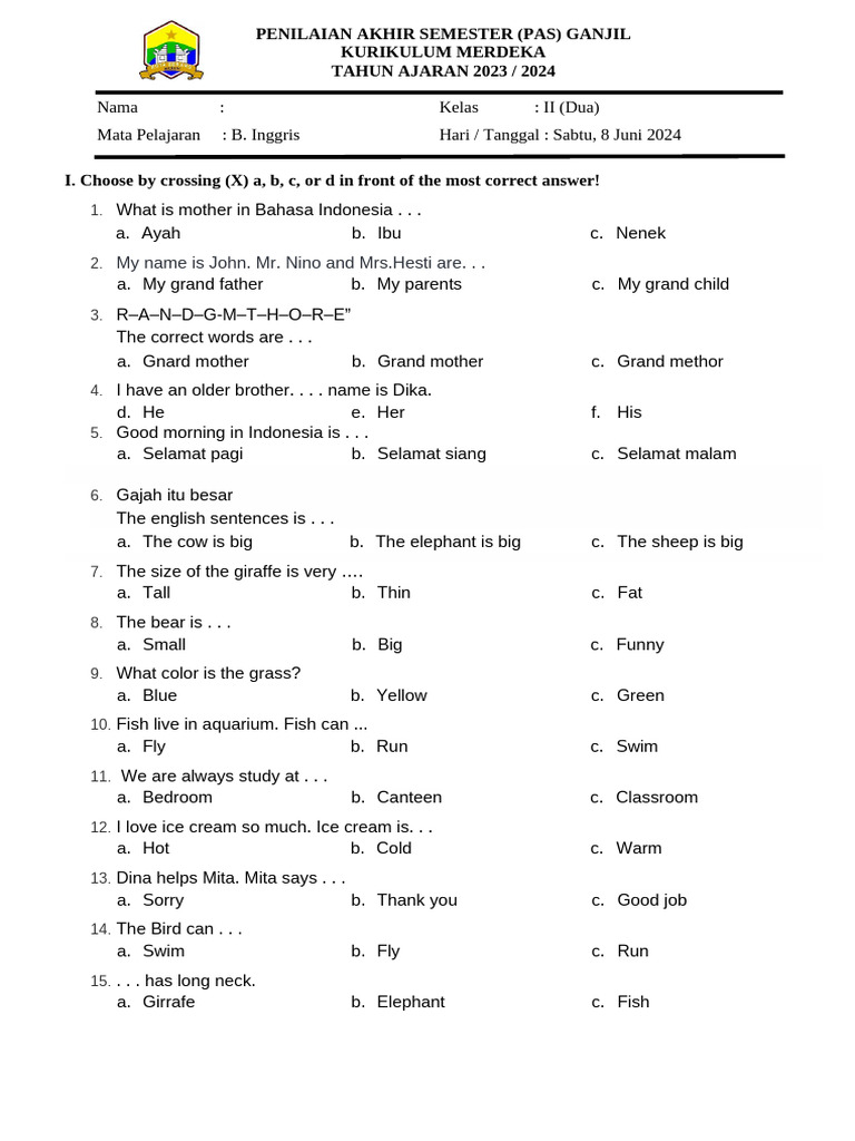 Soal SAS B.Inggris Kelas 2 TP 2023-2024 | PDF