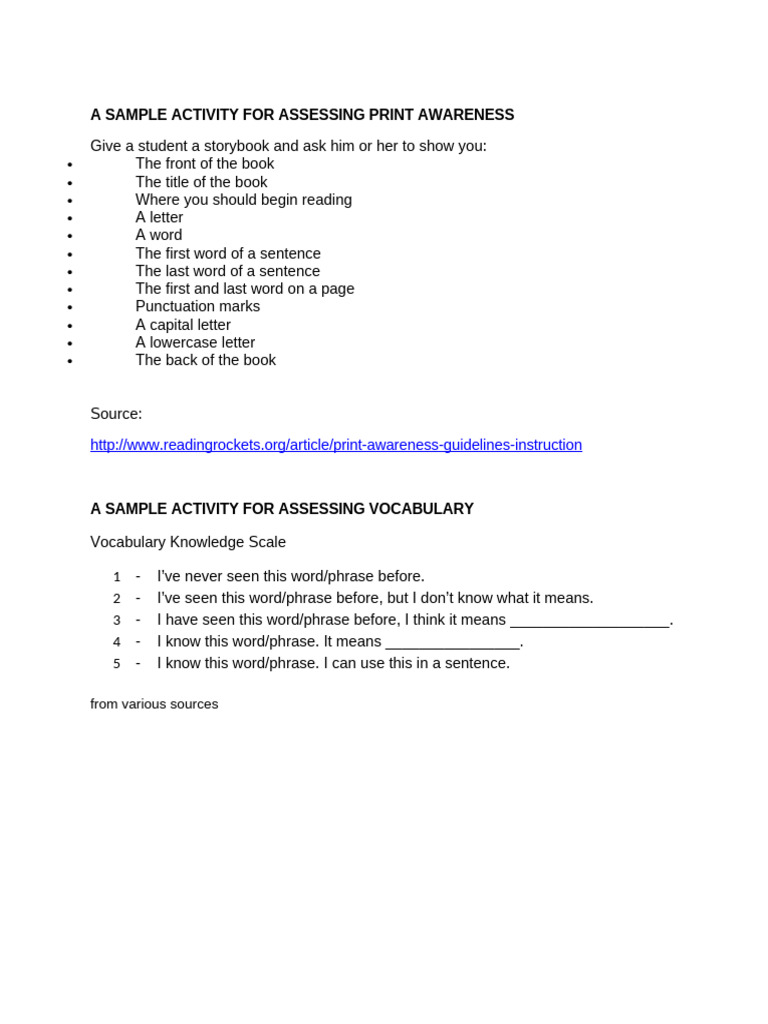 Assessing Print Awareness & Vocabulary | PDF