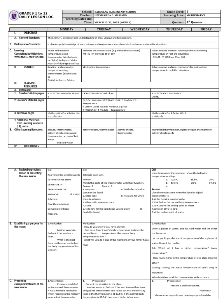 Grade 5 Math Lesson: Temperature Concepts | PDF | Thermometer | Temperature
