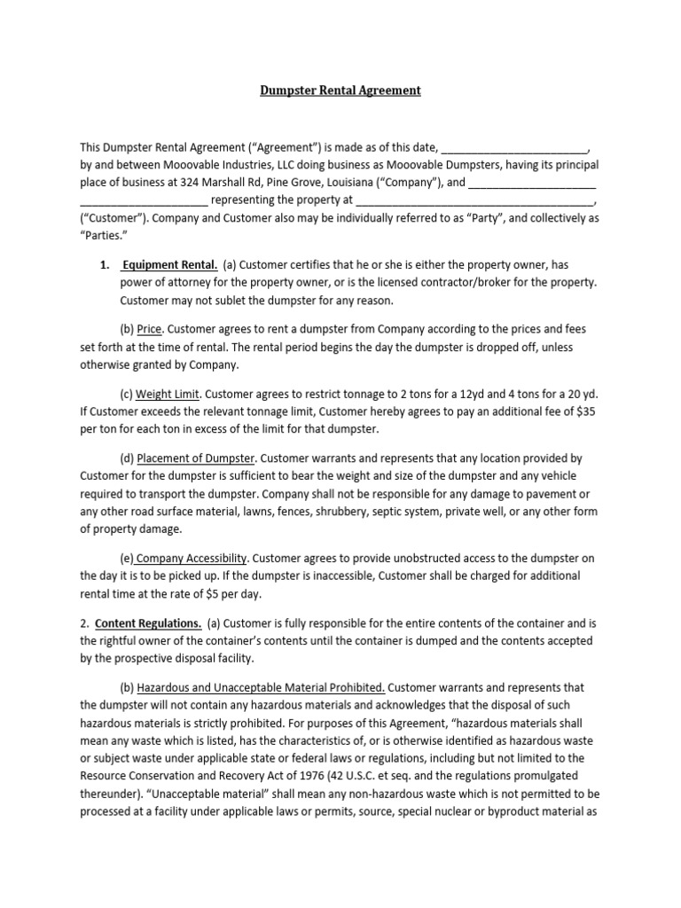 Dumpster Rental Agreement | PDF | Indemnity | Civil Law (Legal System)