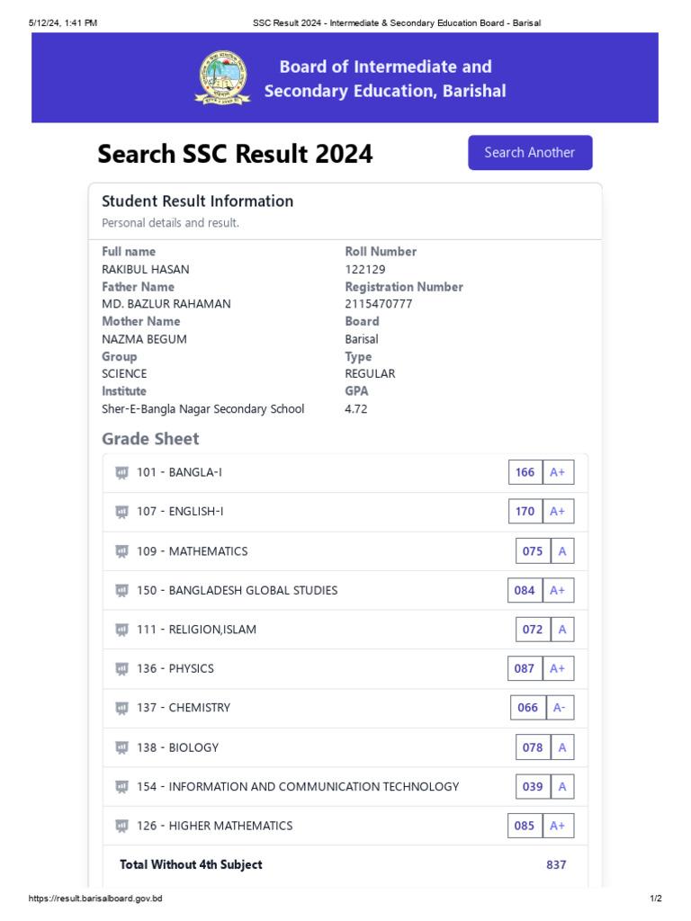 SSC Result 2024 - Intermediate & Secondary Education Board - Barisal ...