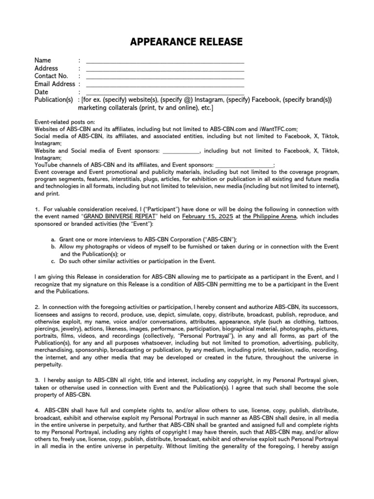 12.20.24 Appearance Release Waiver For Grand Biniverse | PDF | Copyright | License