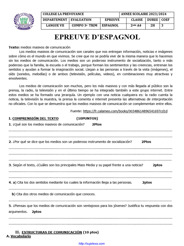 Espagnol 2nde A4 Co 3e Trim 2024 | PDF | Medios de comunicación) | Tecnología de información y ...