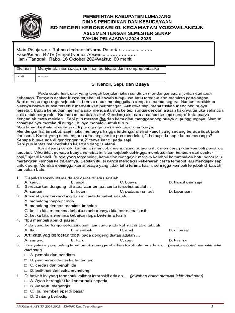 Soal PTS B.Indo Kls.4 Sem.1 TP 2024-2025 | PDF