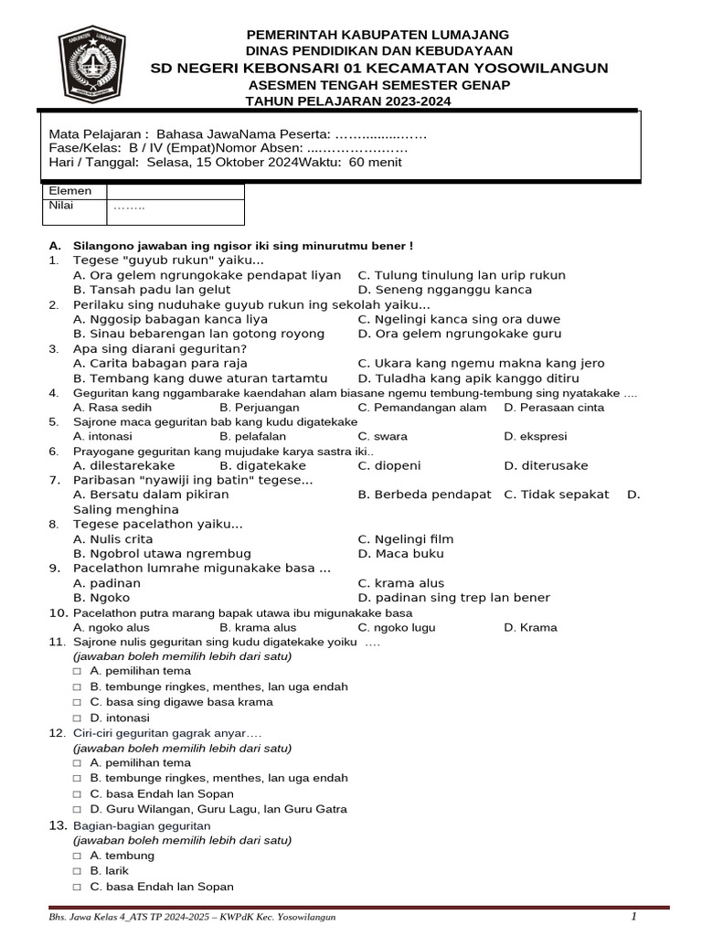 Soal PTS B. Jawa Kls.4 Sem.1 TP 2024-2025 | PDF