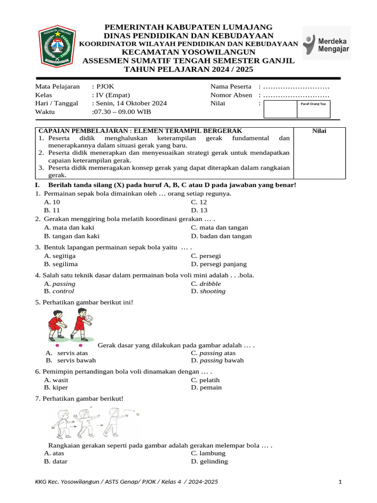 SOAL PTS PJOK Kls.4 Sem.1 TP 2024-2025 | PDF