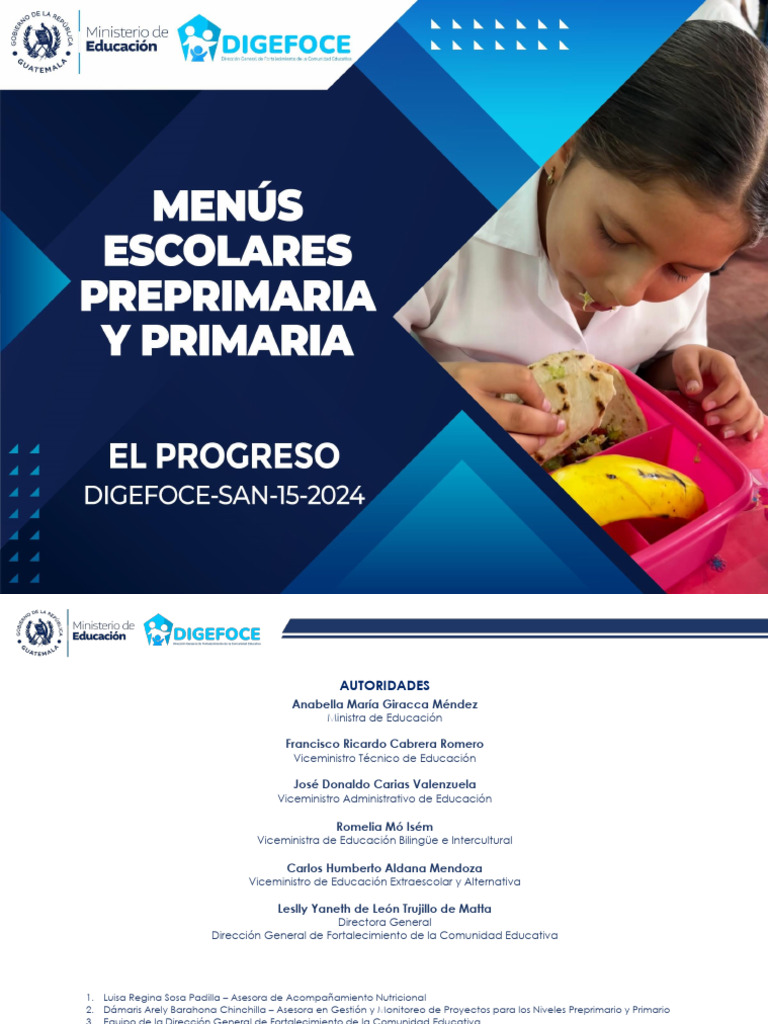 Menús Escolares de Preprimaria-Primaria para El Progreso, 2025 | PDF ...