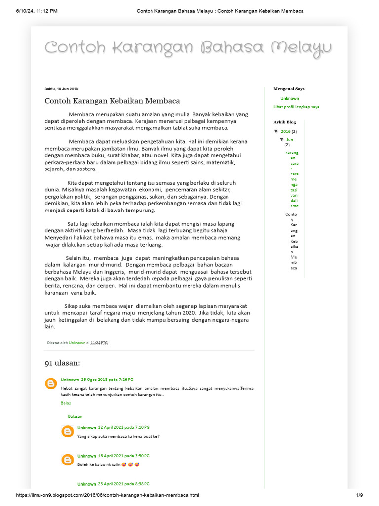 Contoh Karangan Bahasa Melayu - Contoh Karangan Kebaikan Membaca | PDF