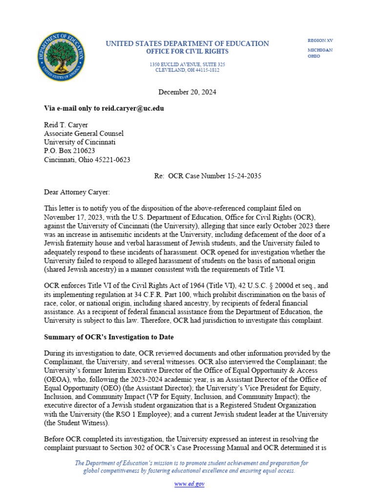 DOE Letter to University of Cincinnati 12/20/24 | PDF | Sexual ...