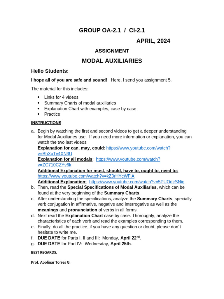 Modal Auxiliaries Assignment Guide | PDF | Semantic Units | Syntax