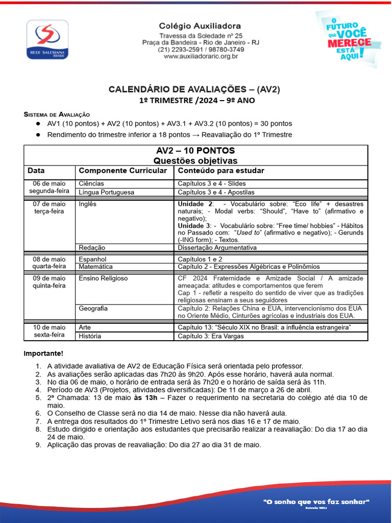 9º Ano - Calendário de Av2 - 1º Trim | PDF