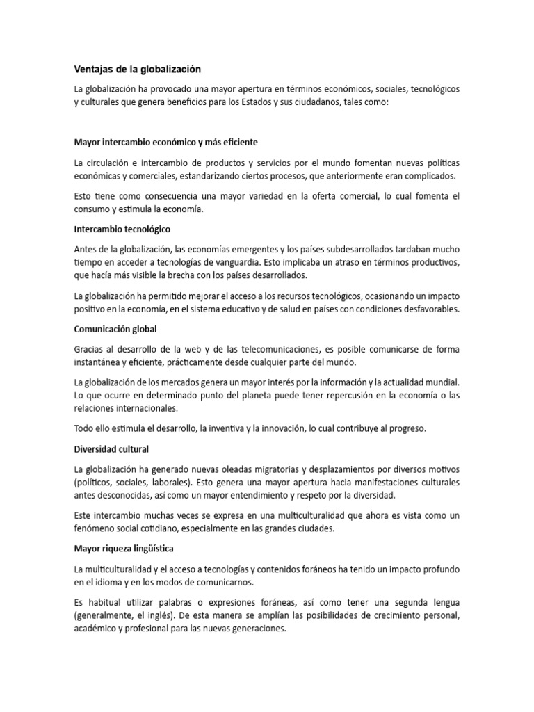 Ventajas y Desventajas de La Globalización | PDF | Globalización | Turismo