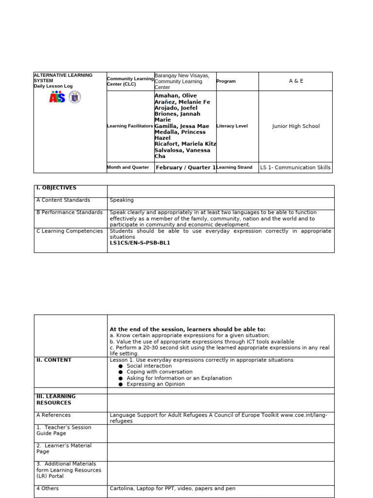 ALS LP MODIFIED | PDF | Learning | Human Communication