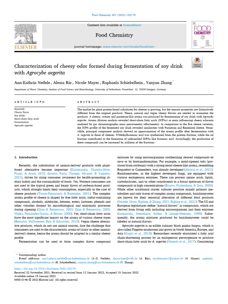 Characterization of Cheesy Odor Formed During Fermentation of Soy Drink ...