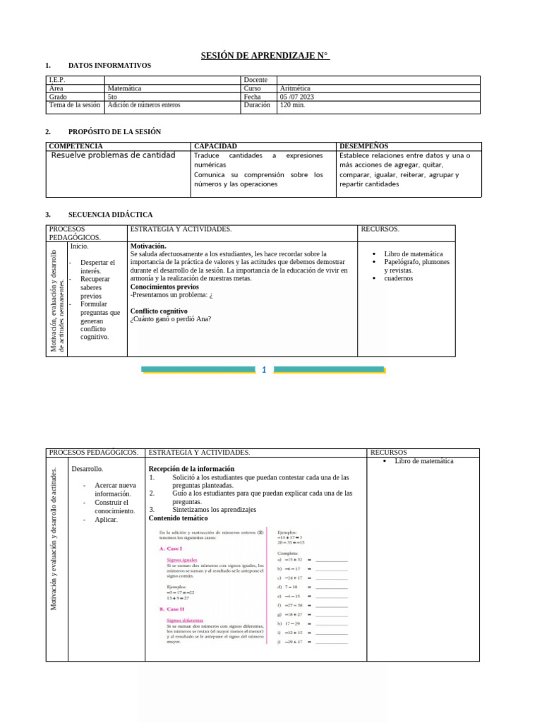 Arit. Adición de Numeros Enteros | PDF | Evaluación | Maestros