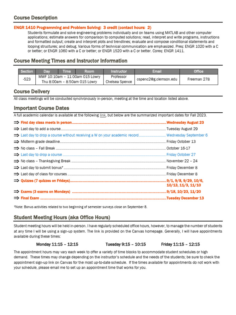Fall2023 Engr1410 Syllabus | PDF | Matlab | Control Flow