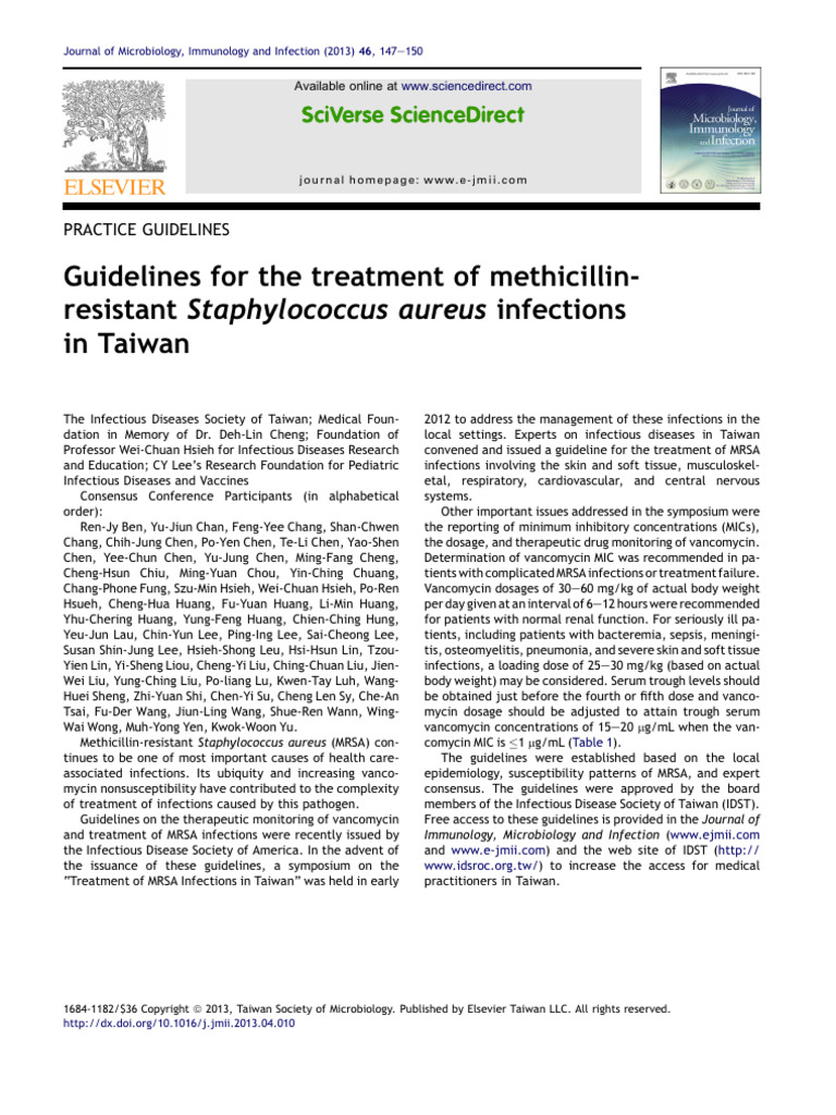The Treatment of Methicillin-Resistant Staphylococcus Aureus Infections in Taiwan - 2013 | PDF ...