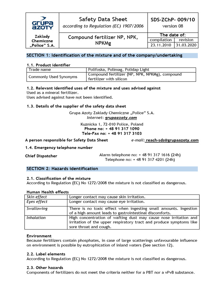 SDS Compound Fertilizer Version 08 - 31032020 - en - Sec | PDF ...