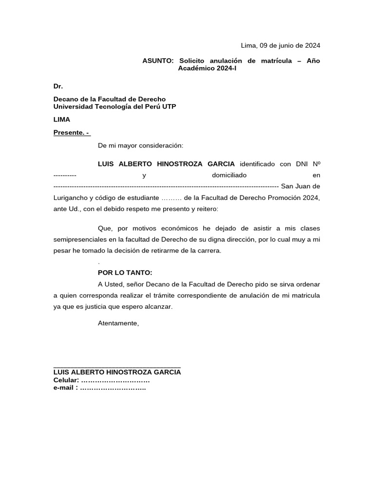 Solicita Anulacion de Matricula U | PDF