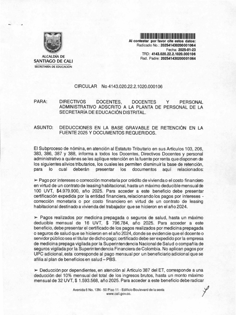 Circular 01064 Deducciones en La Base Gravable de Retencion en La Fuente 2025 y Documentos ...
